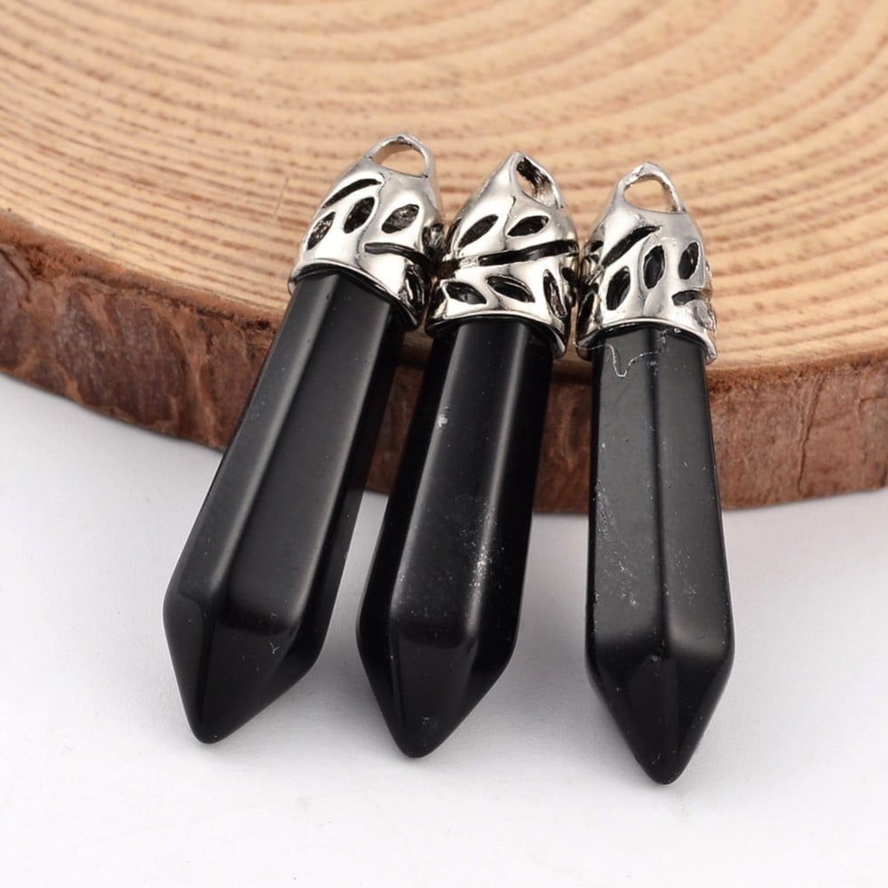 2 pc Bullet Natural Obsidian Pointed Pendants with Platinum Plated ...