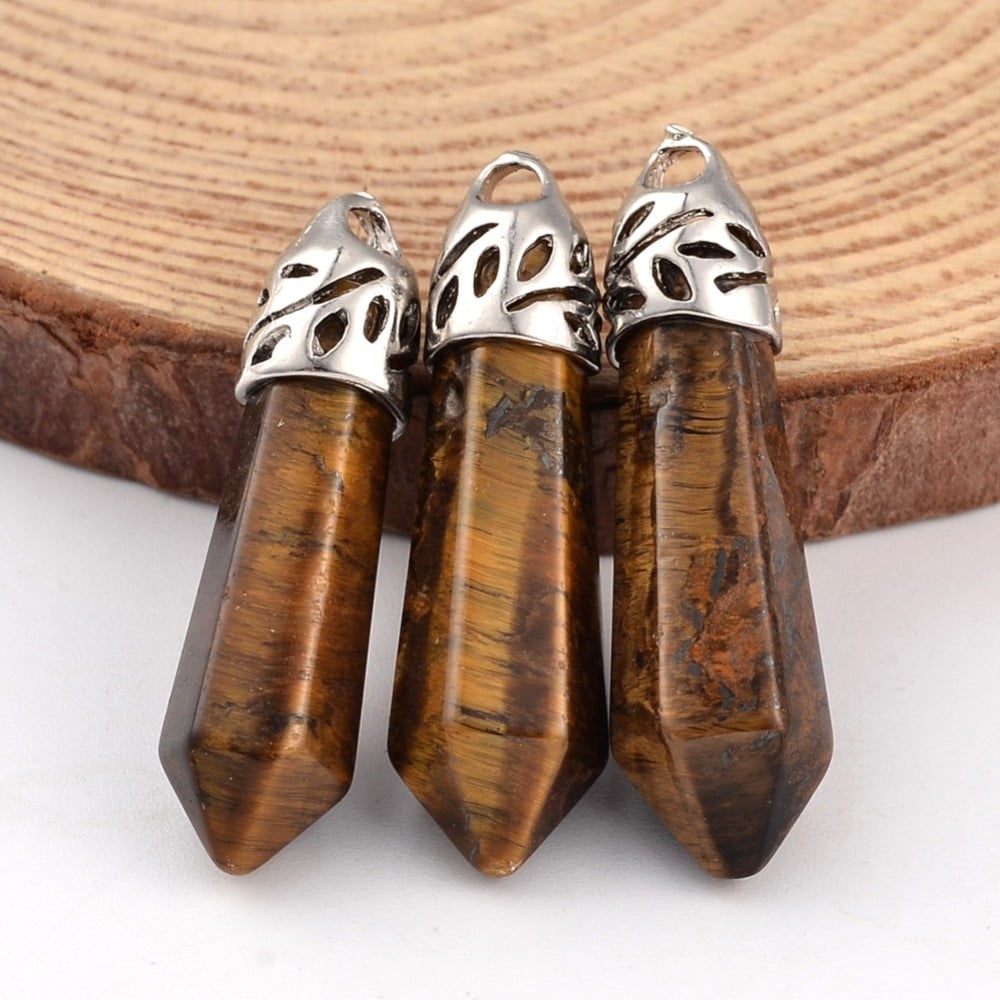 2 pc Bullet Natural Tiger Eye Pointed Pendants with Platinum Tone Alloy ...