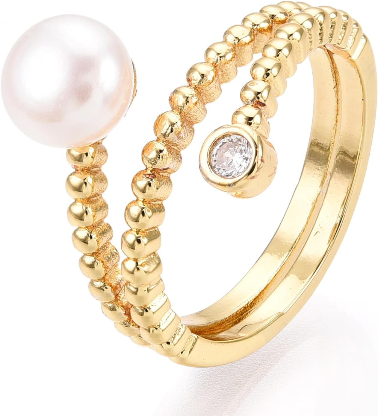 2 pc Natural Pearl Double Lines Finger Ring with Rhinestone Brass ...