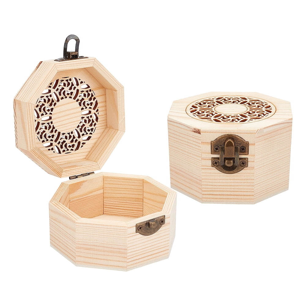 2 pc Octagon Shape Hollow Wood Storage Box with Hinged Lid Floral ...
