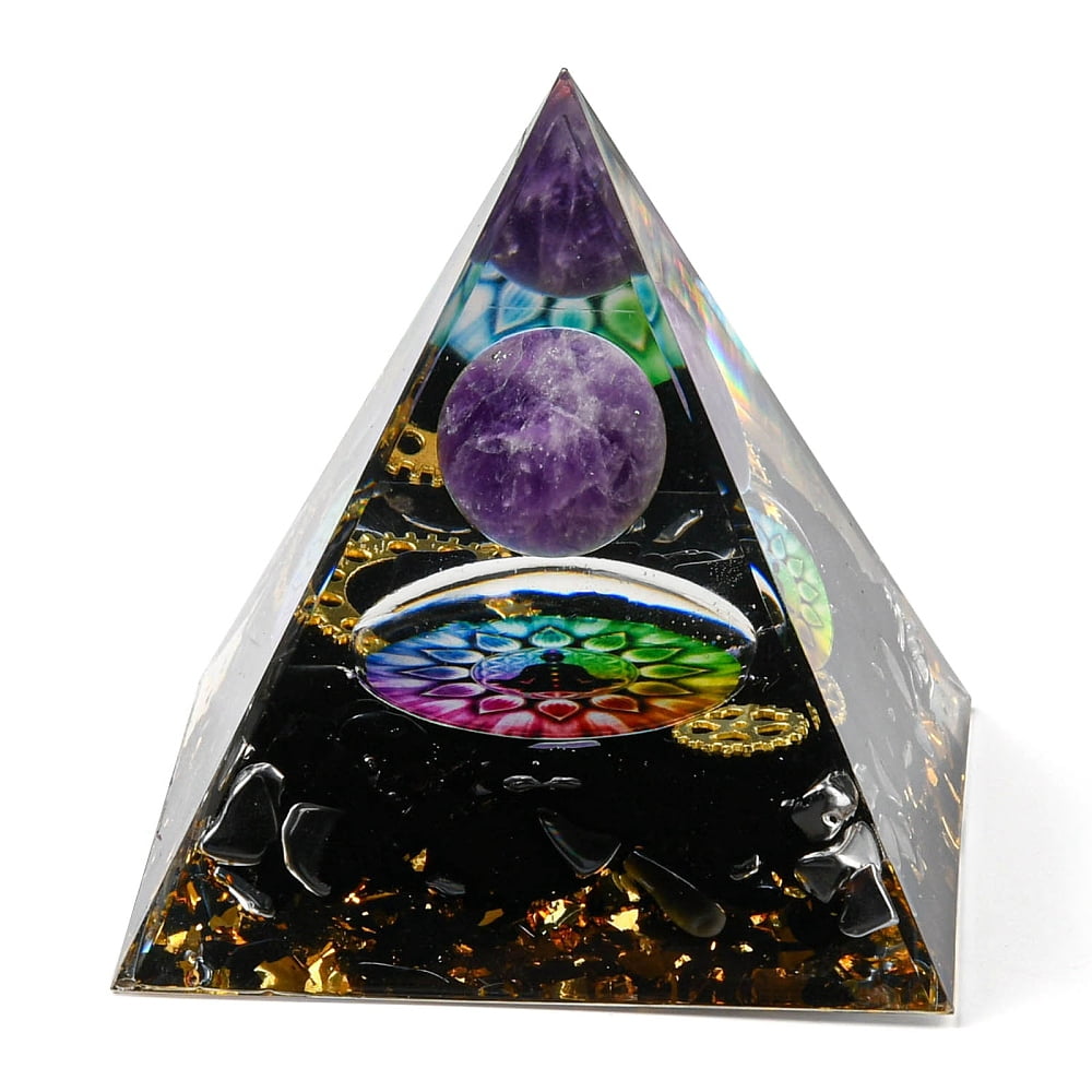 2 pc Resin Orgonite Pyramid Display Decorations with Natural Obsidian ...