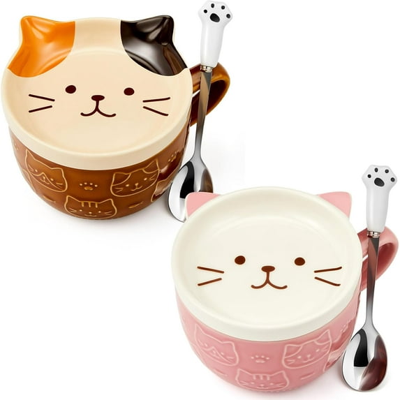 2 Pcs 10 oz Ceramic Cute Cat Mug with Lid - Kawaii Cat Tea Cup, Funny ...