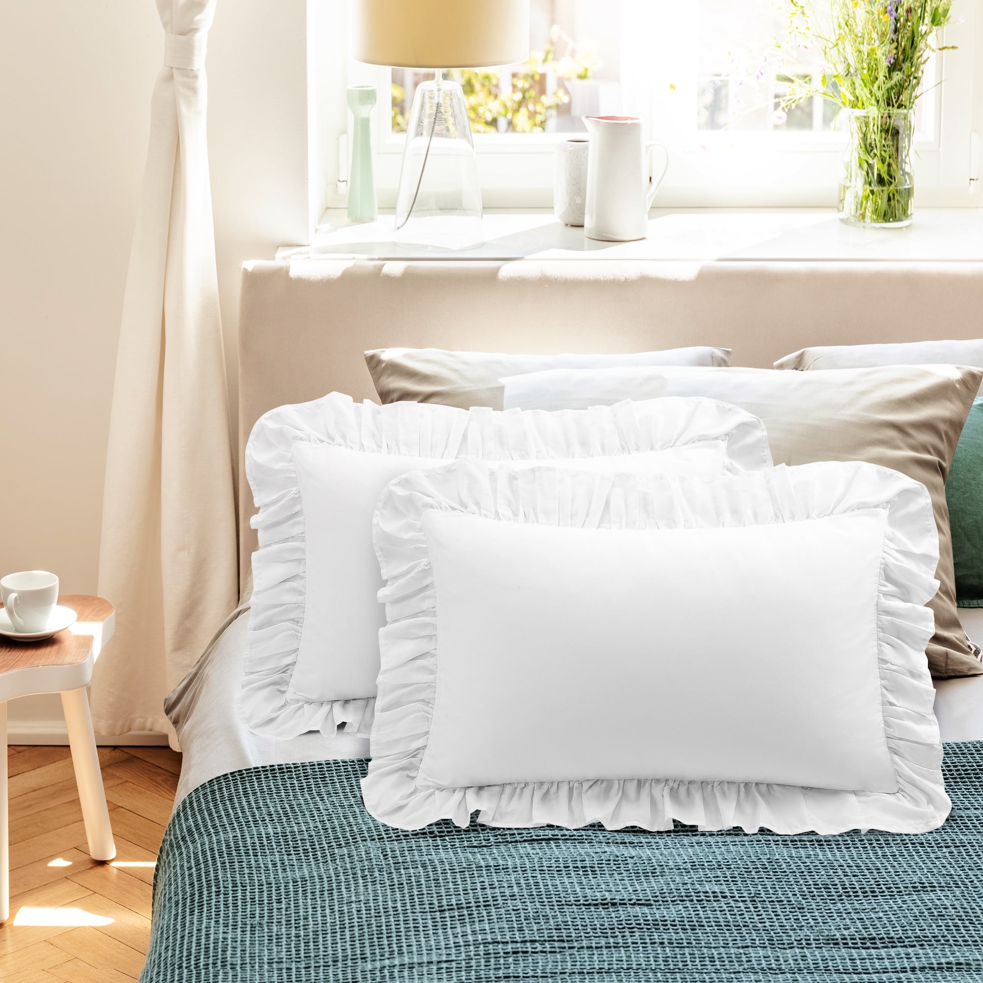 2 pcs 100% cotton ruffled pillowcases soft with envelope white standard ...