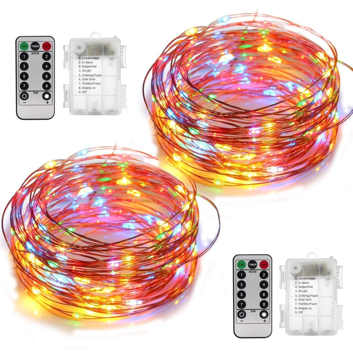 2 pcs Fairy Lights Battery Operated - LED String Lights 8 Modes 33Ft ...