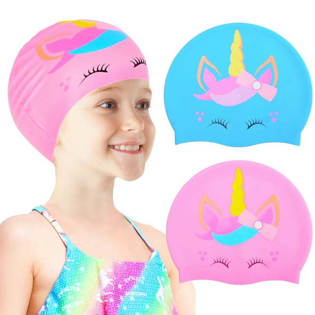 2 pcs Kids Swim Cap Silicone Swimming Cap for Boys Girls (Age 3-12 ...