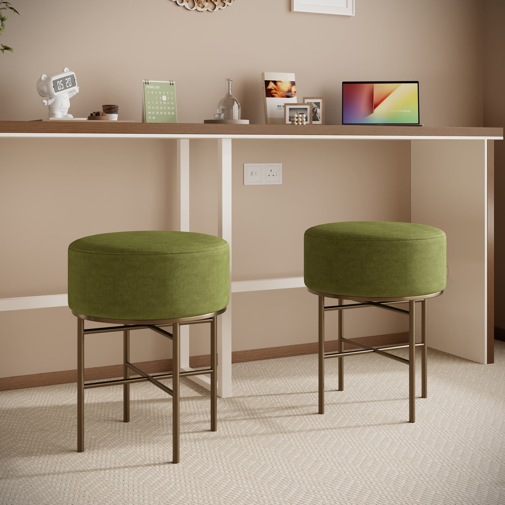 2 pcs Linen Round Cushioned Vanity Stool, Linen Upholstered Vanity ...