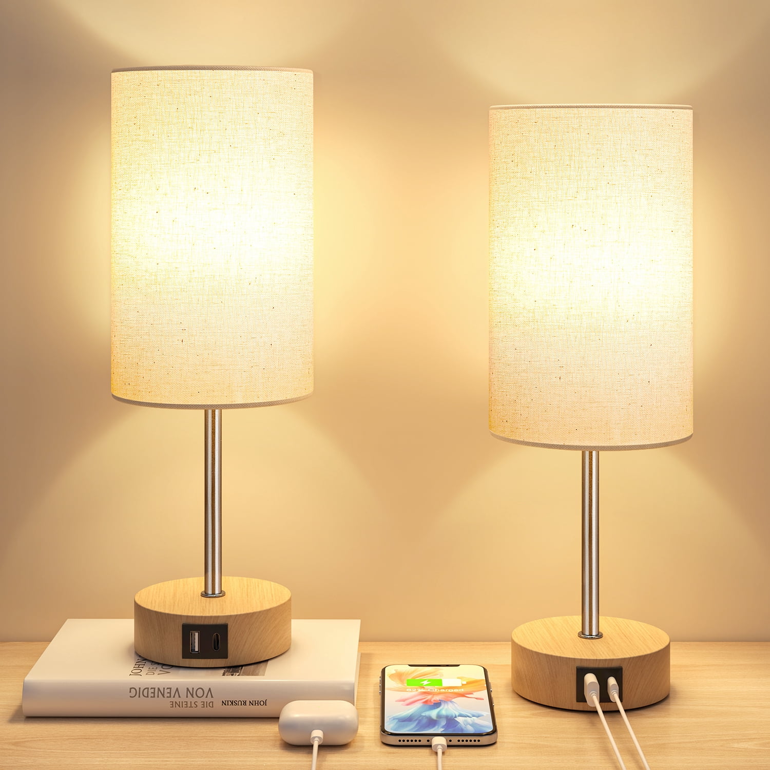 2 pcs Modern Beige Drum Shade Table Lamp,Polished Metal & Plastic,Space ...