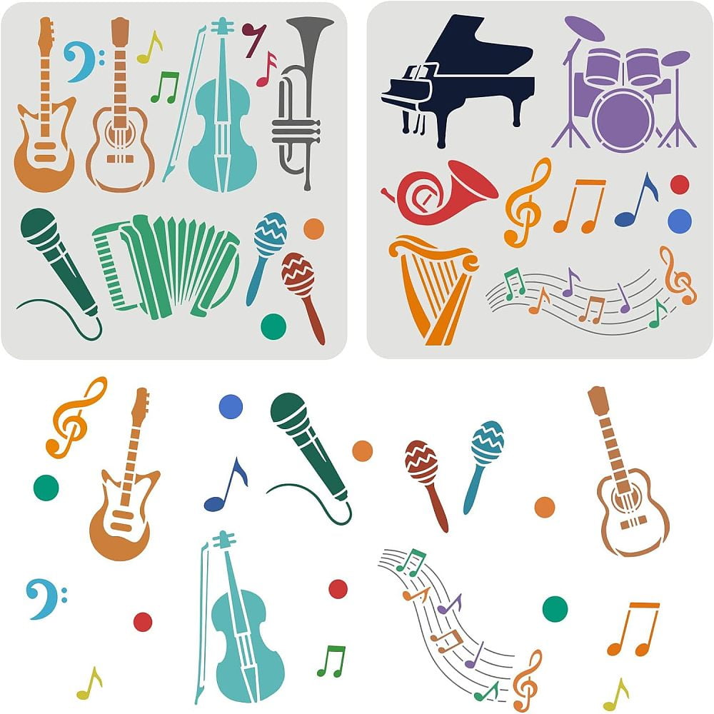 2 pcs Musical Instruments Stencil 30x30cm Reusable Music Drawing ...