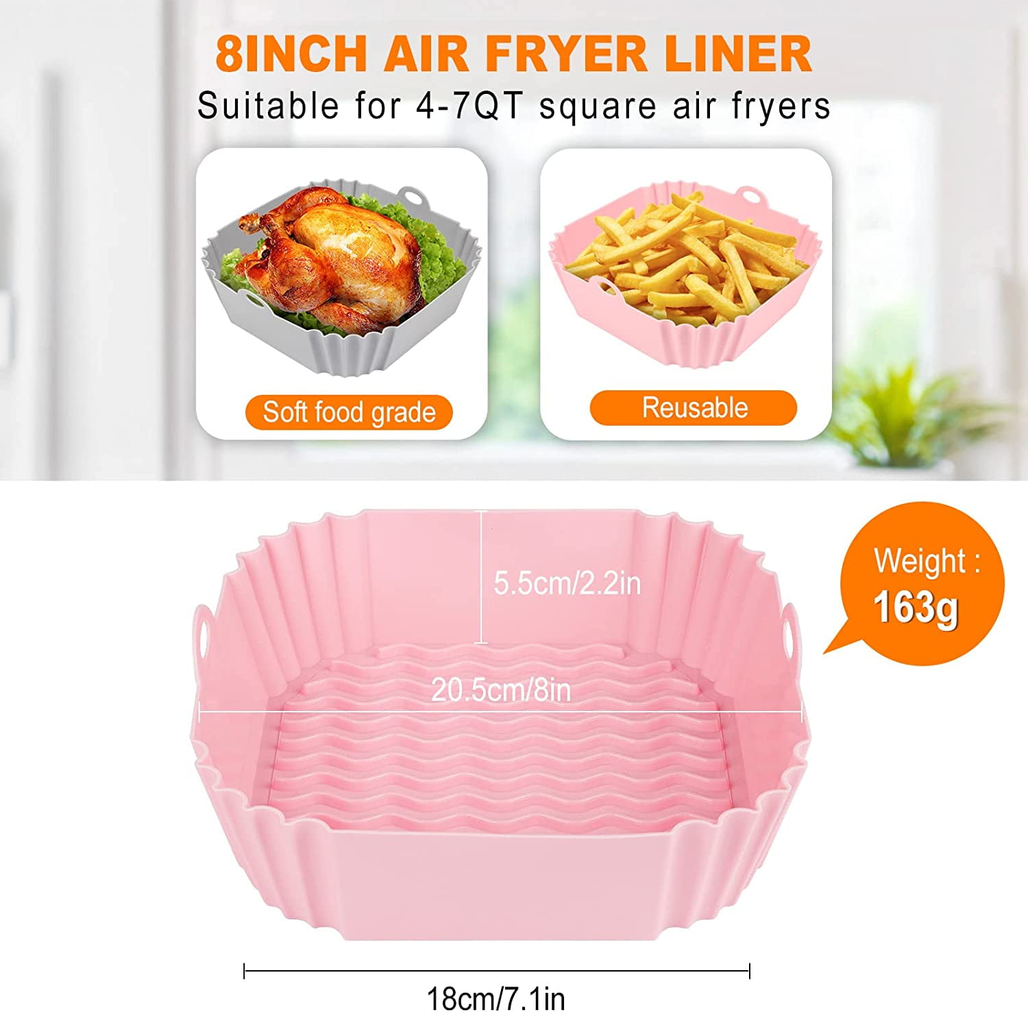 2 pcs square silicone air fryer liners - 8 inch reusable air fryer pot ...