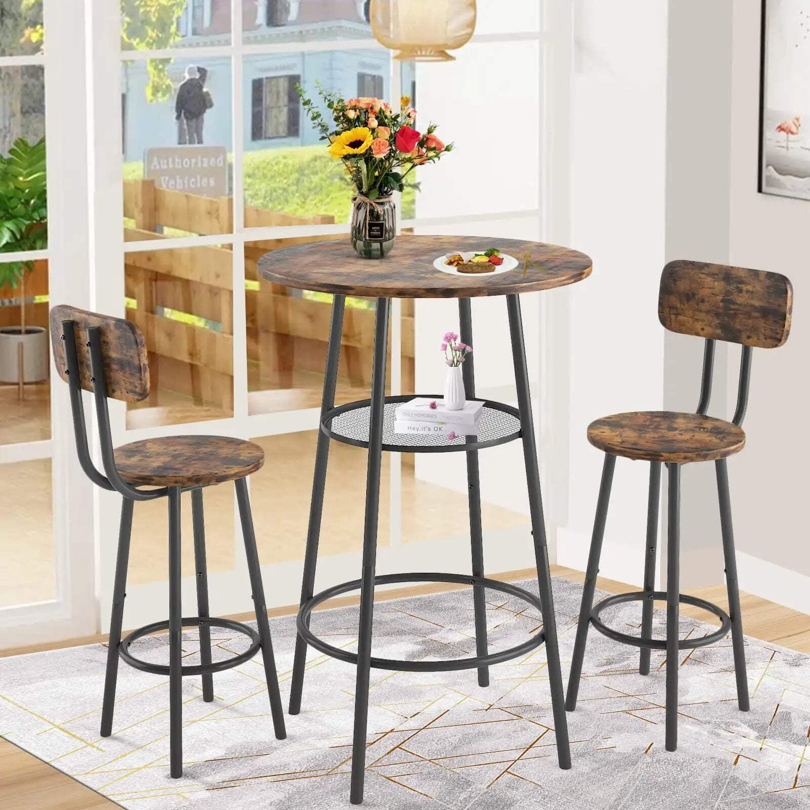 2-person Bar Table Set, Wooden Tabletop and Chairs with Backrest, Small ...