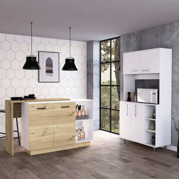 2 - piece Kitchen Set in White and Light Oak / Offers Ample Space for ...