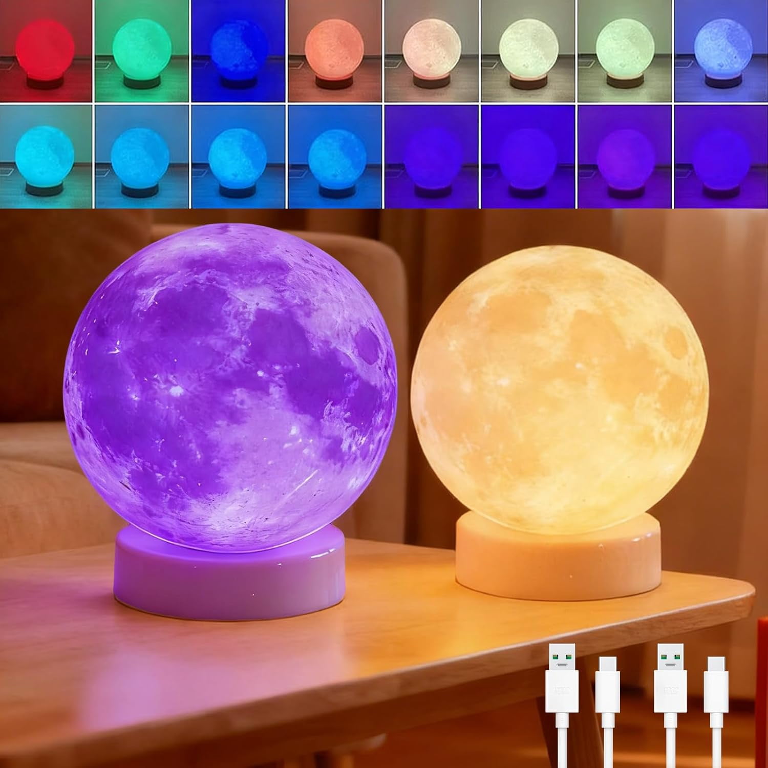 2-piece Moonlight Lamp with 1200mAh Capacity 3D Printed LED Light ...