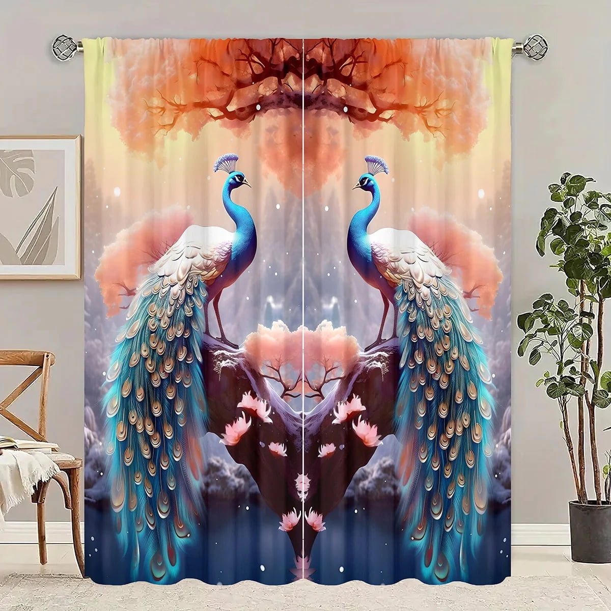 2-piece Peacock rative Art Filter Curtain Digital Printed Curtain ...