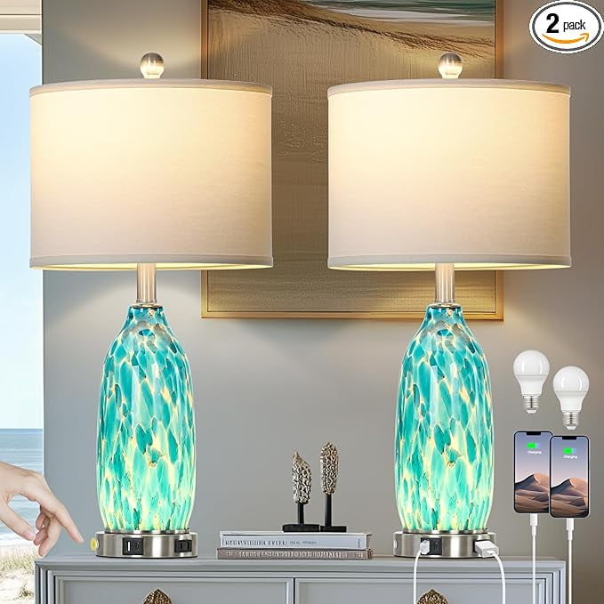2-piece Set of 26-inch Peacock Green Glass Table Lamps, Coastal ...