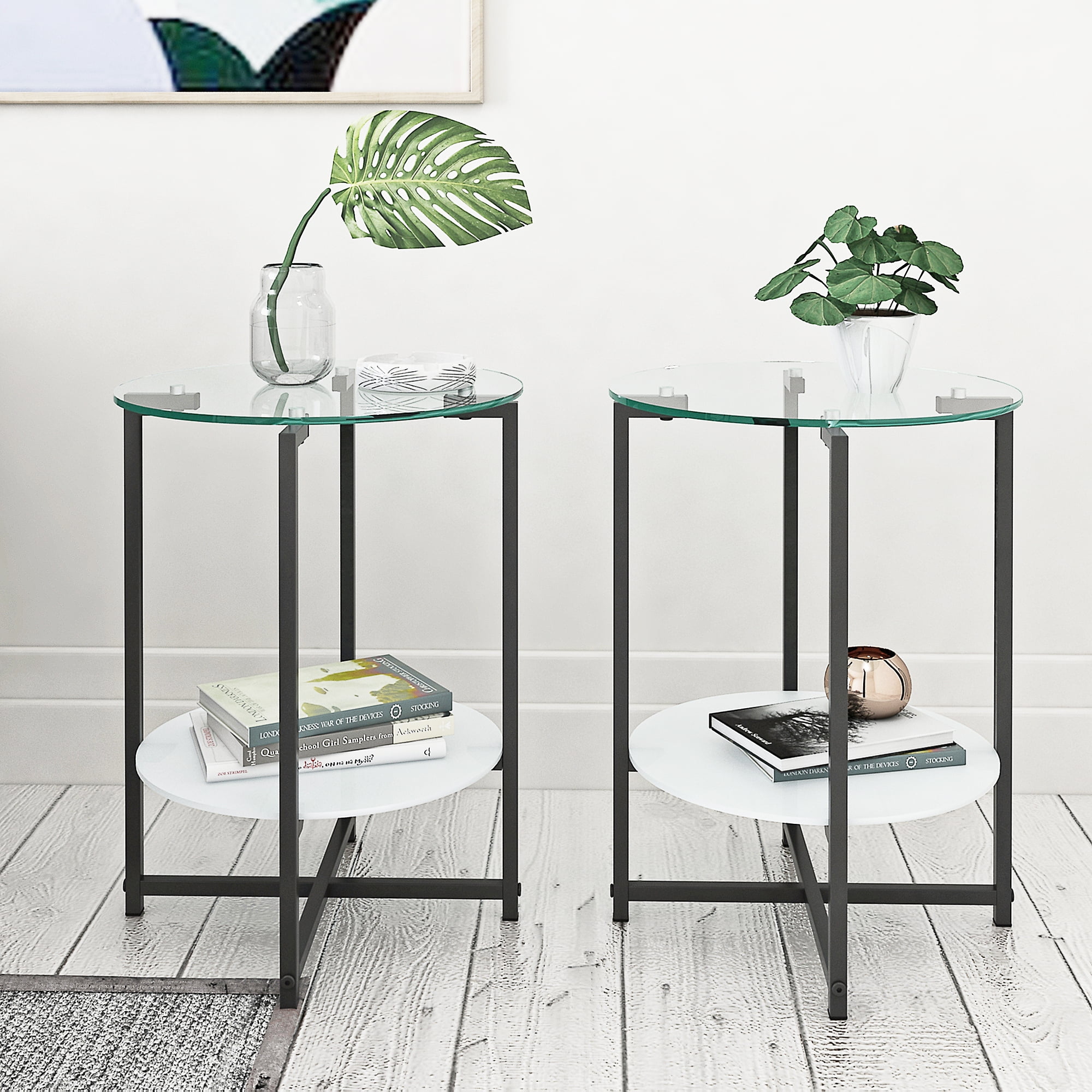 2-piece set (Clear) Tempered Glass End Table, Round Coffee Table for ...