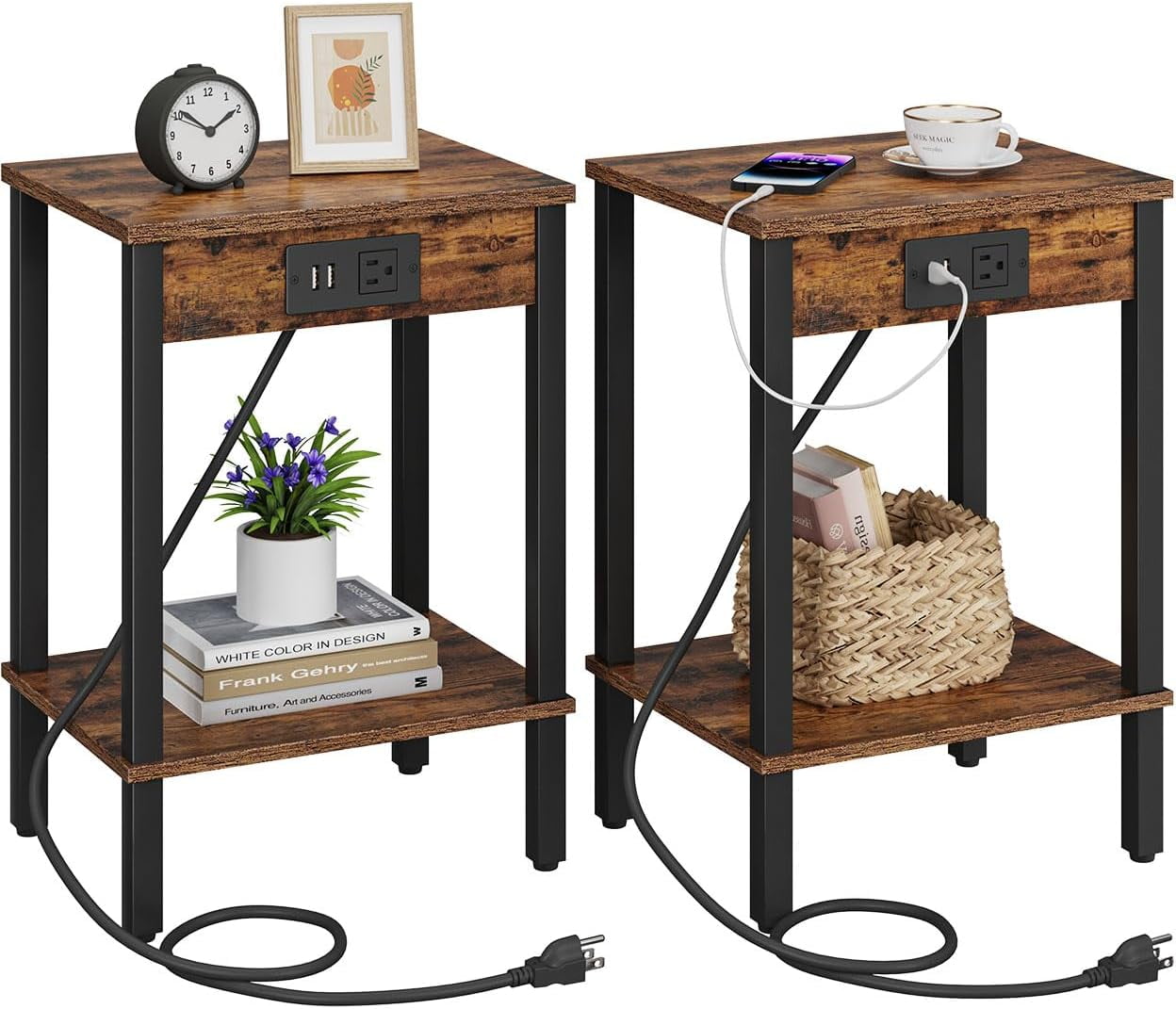 2 piece set end table with charging station, narrow side table with USB ...