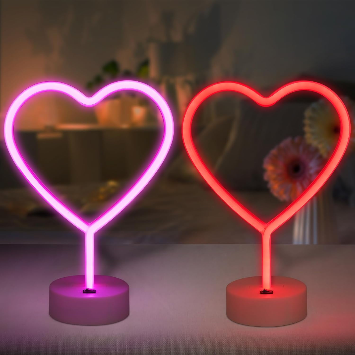 2-piece set of heart-shaped neon lights, pink LED, room decoration ...