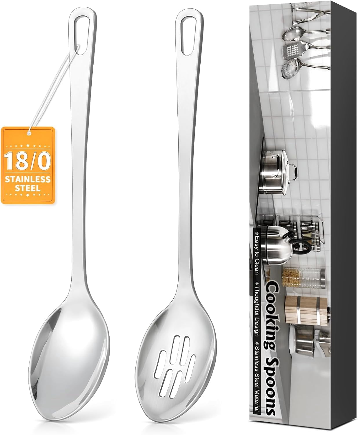 2-piece stainless steel cooking spoon set, solid and slotted metal soup ...