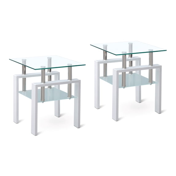 2 pieces White Tempered Clear Glass End Table, 2-Layers Small Table ...