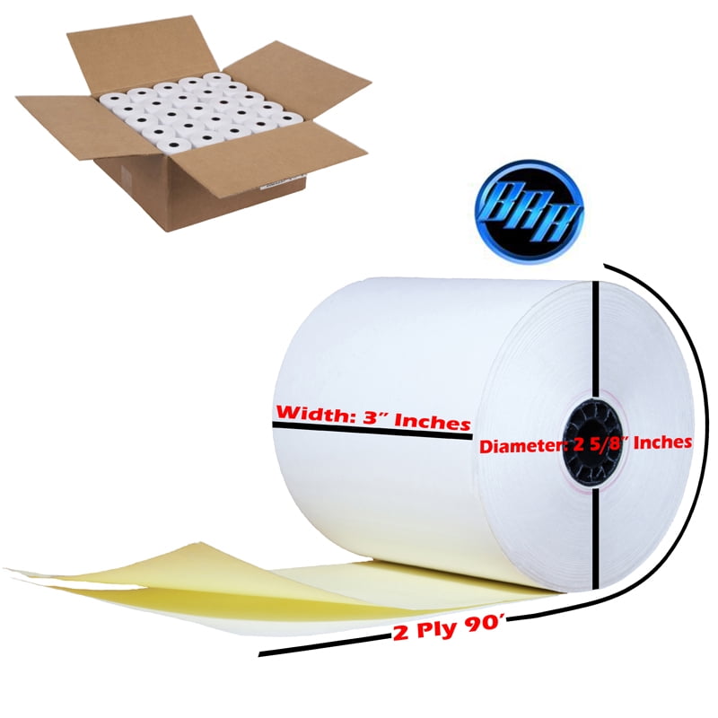 2 ply 3" 90' ft 500 rolls carbonless paper rolls White/Canary two ply ...