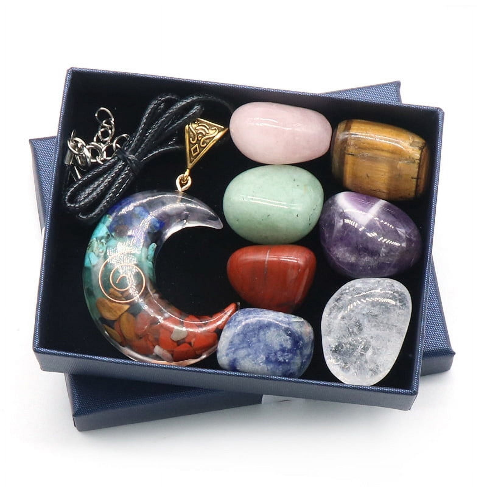 2 set 7 Chakra Tumbled Stone Moon Pendant Necklace Mixed Natural ...