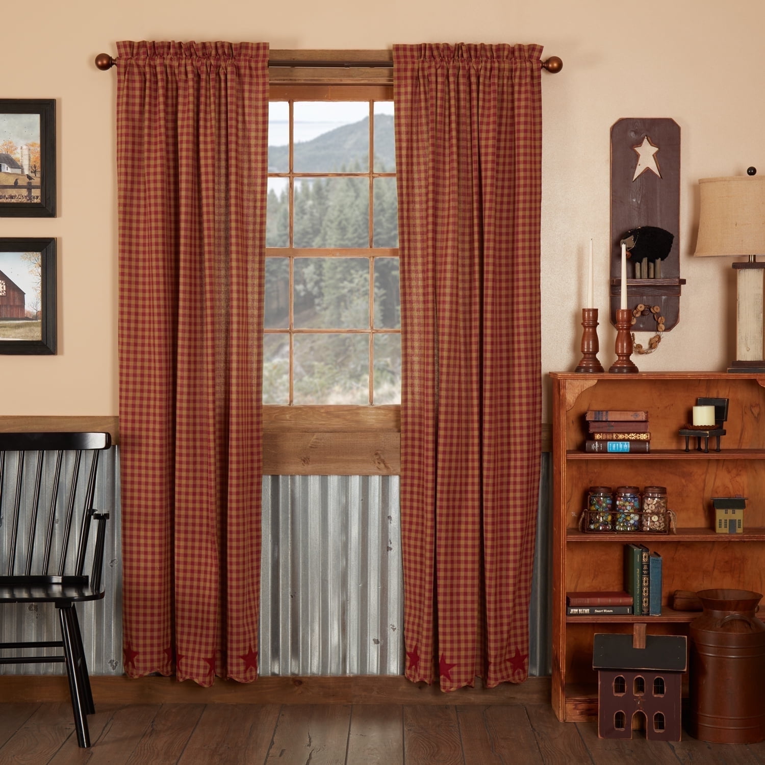 VHC Brands Classic Country Primitive Window Star Red Scalloped Curtain ...