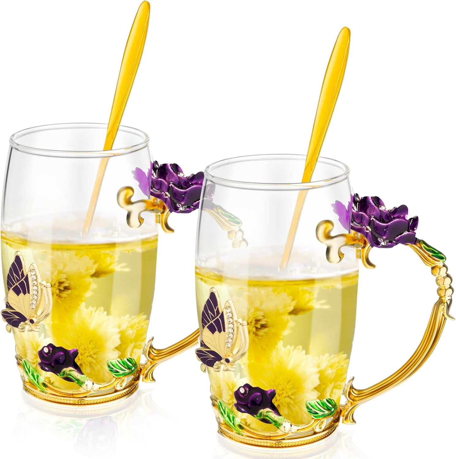 **2 sets enamel flower glass tea cup with spoon for mom, women - coffee ...