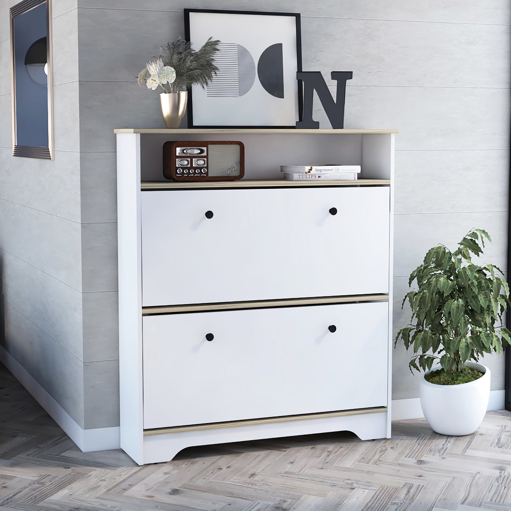 2-shelf Shoe Rack, Oak And White - Ideal For Basement Rack In Stylish ...