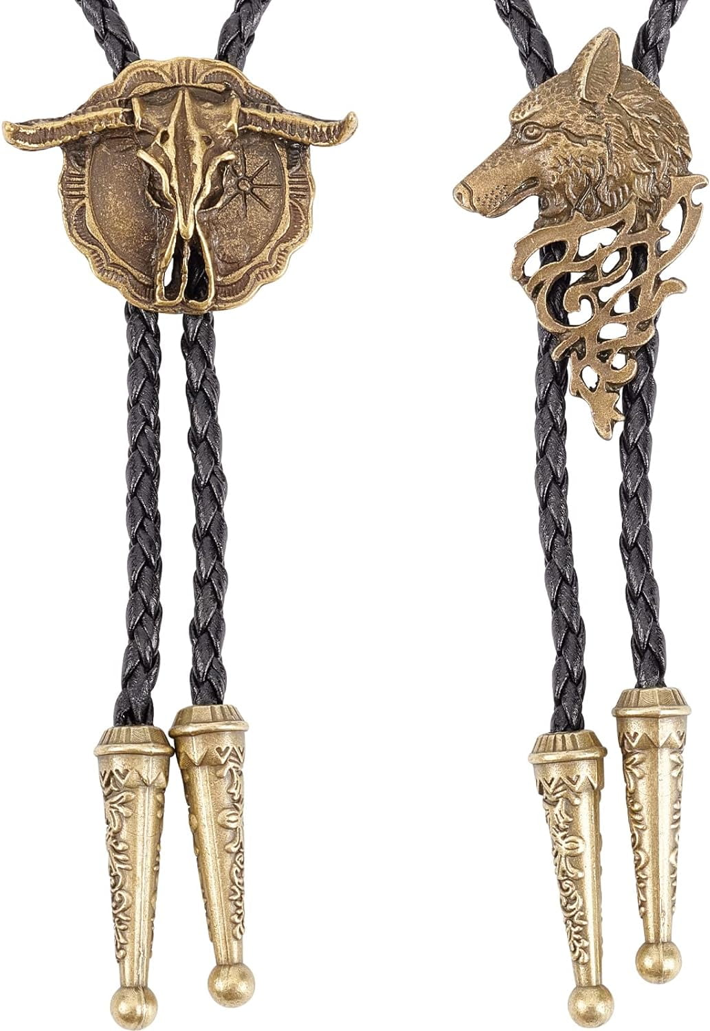 2 styles Leather Bolo Tie Necktie Horse Cow Wolf Chain Western Cowboy ...