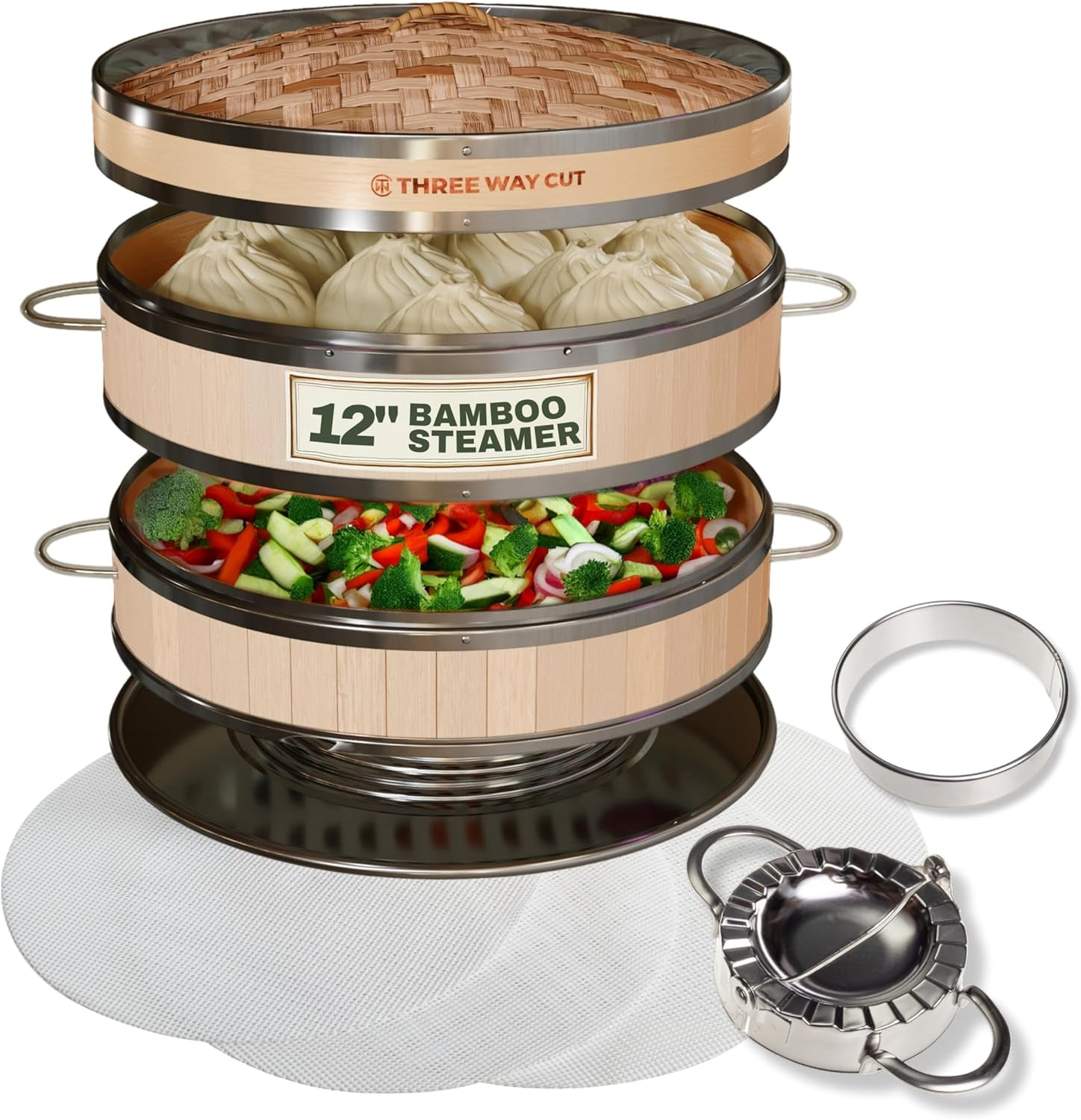 2-tier 12" Bamboo Steamer with Reinforcement & Handle, Reusable ...