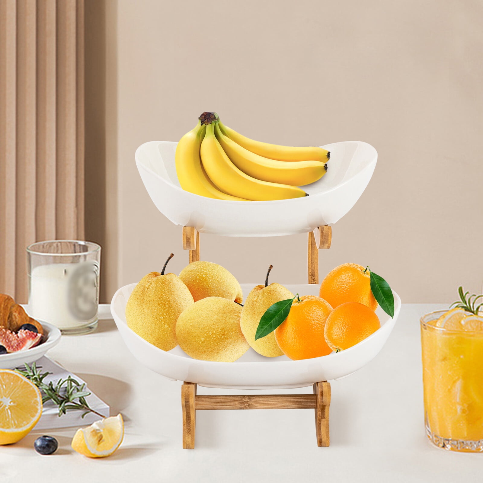 2-tier Ceramic Fruit Bowl, Double Layer Porcelain Bowl Holder Serving ...