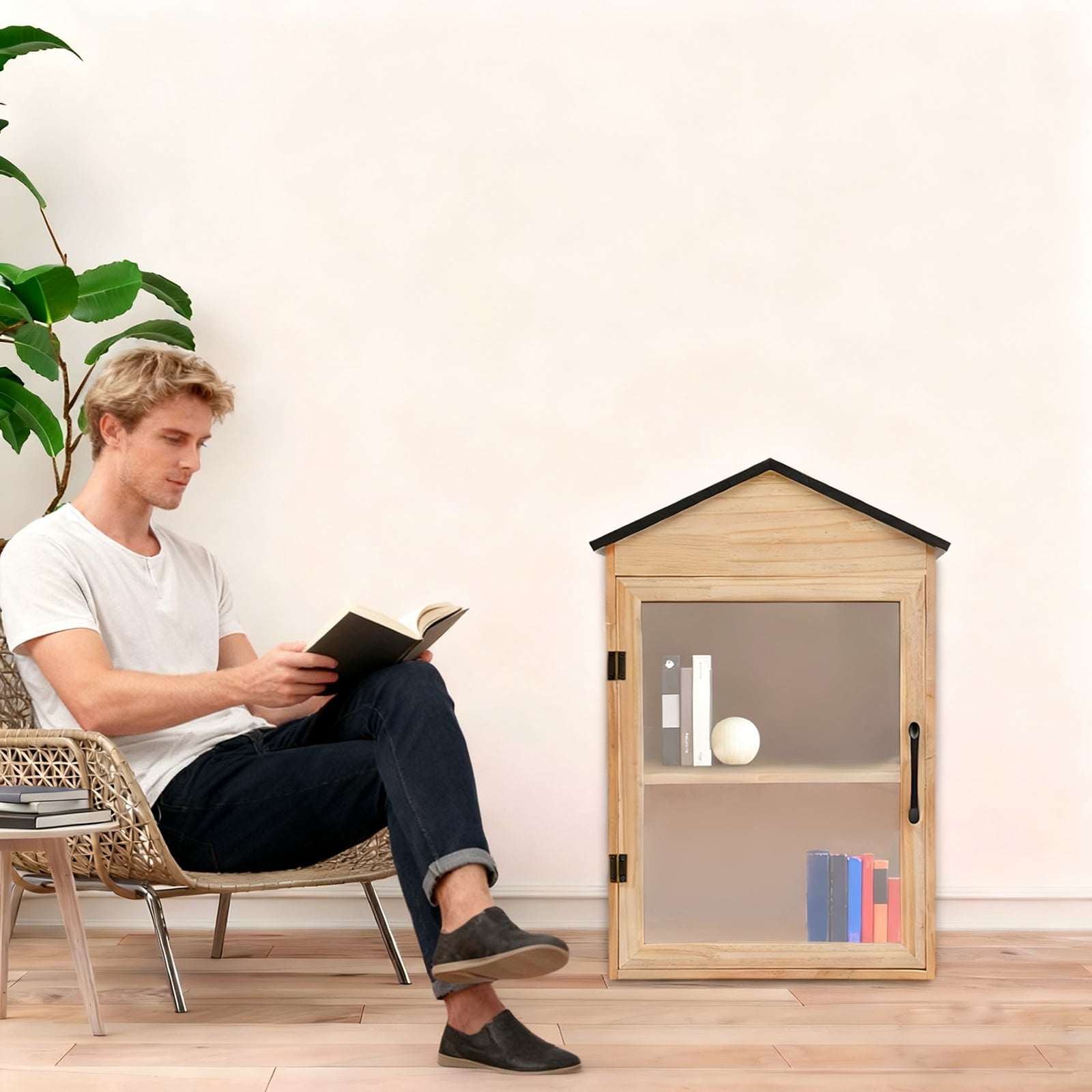 2-tier Double Sloping Roof Library Book Box Wood Color&Black Wooden ...