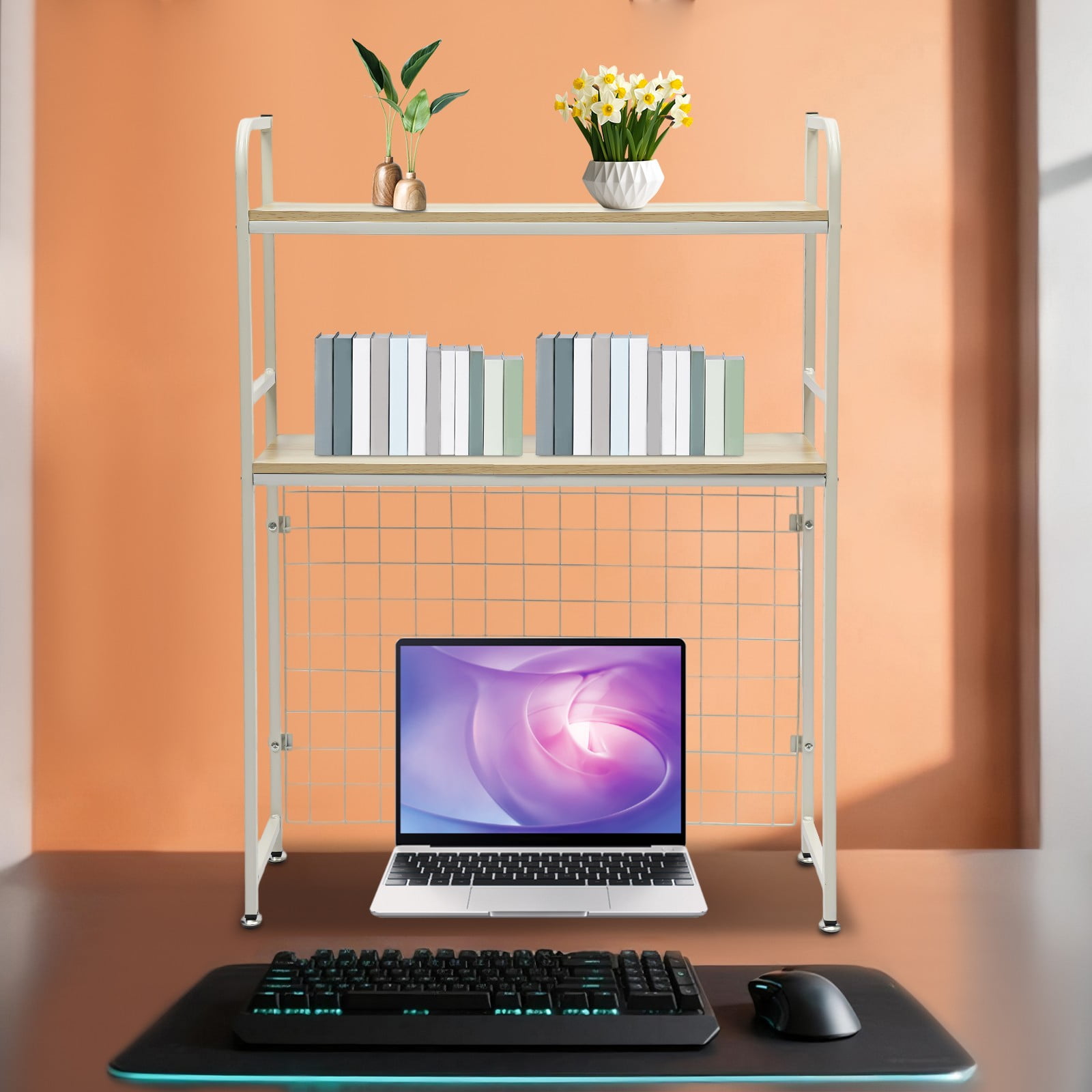 2-tier Modern Desktop H-shaped Bookshelf Bookshelf with Grid Desk ...