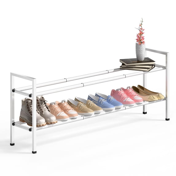 2-tier White Expandable Shoe Rack, Adjustable 18-44 Inch Storage for 10 ...