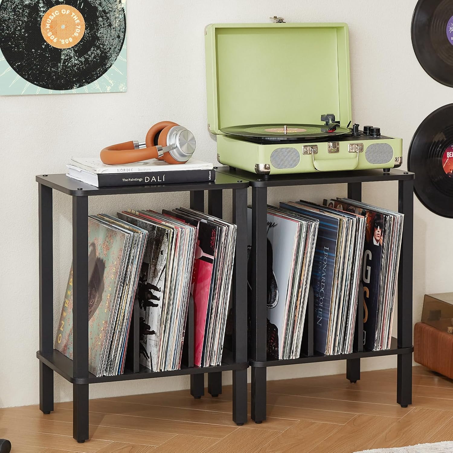 **2-tier bamboo record player stand set of 2 with vinyl record storage ...
