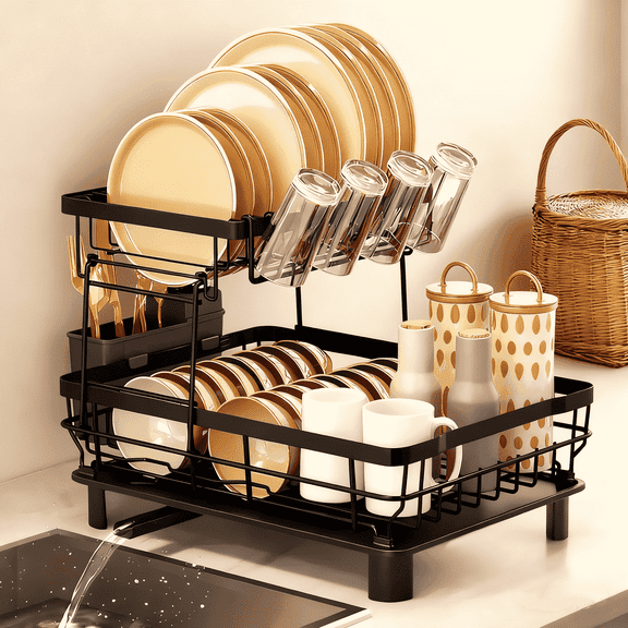 Dish Drying Rack With Drainboard, 2 Tier Dish Racks For Kitchen Counter ...