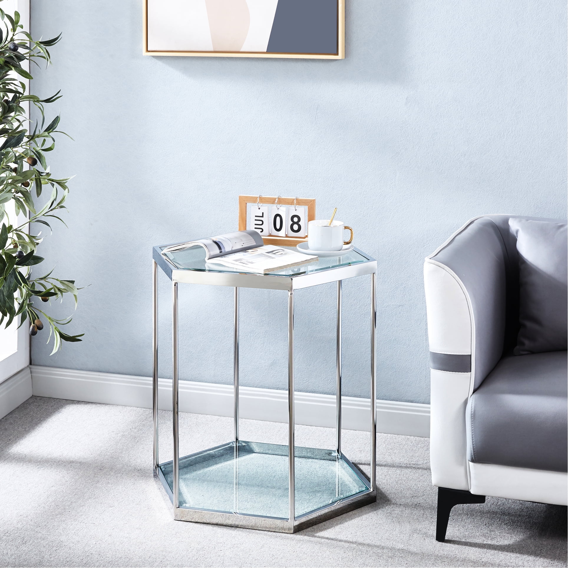 2-tiered Glass End Table With Silver Stainless Steel And Extra Storage Capability, Functionality ...