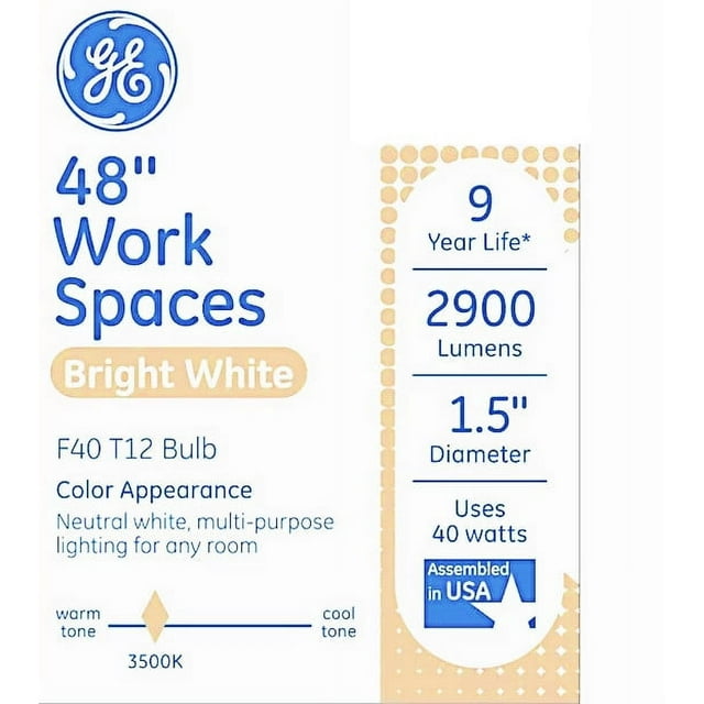 GE 40128 Fluorescent T12 Tubes, 48'', 3500K Bright White, 2900 lumens, 40W, Pack of 2 - Walmart.com