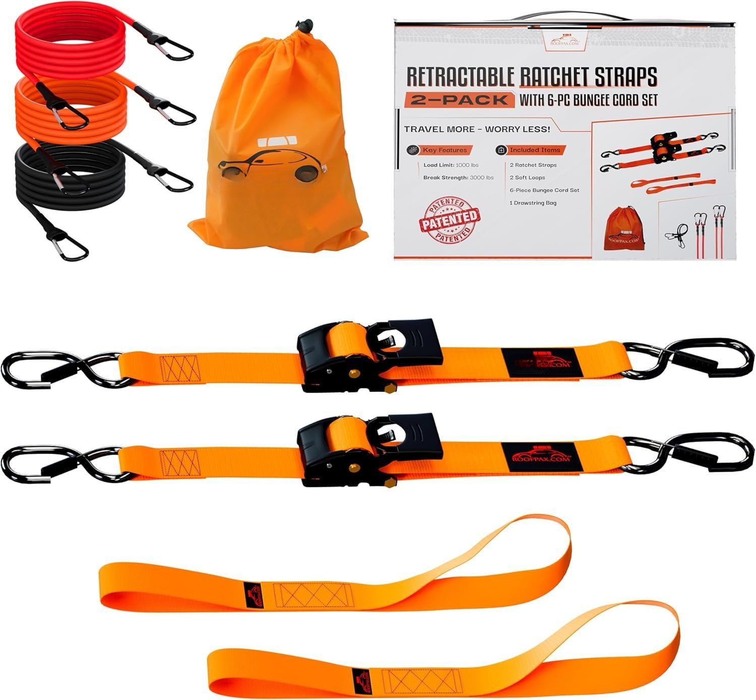 2'' x 10" Retractable Ratchet Straps 2 3000lbs Break Strength Self ...