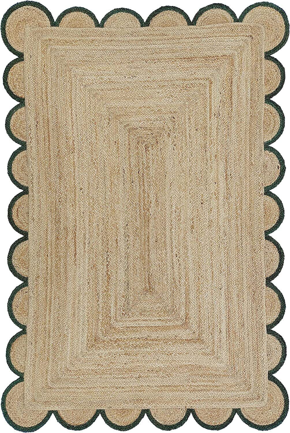 2 x 2 Feet Square ( 60 cm x 60 cm ) Natural Jute with Green Scalloped ...