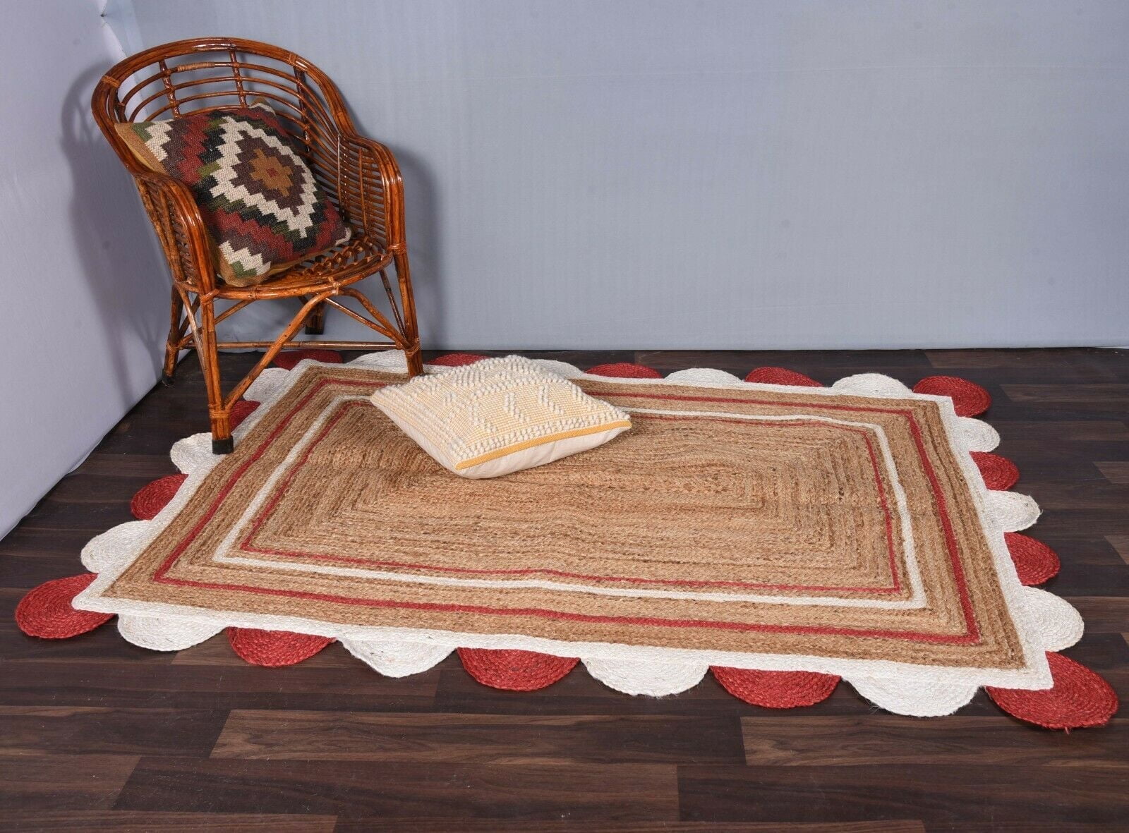 2 x 2 Feet Square ( 60 cm x 60 cm ) Natural Jute with Red Scalloped ...
