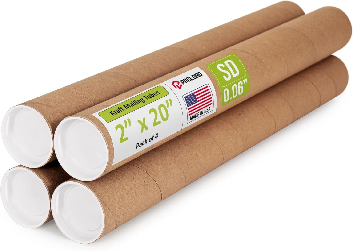 2" x 20" Reinforced Kraft Paper Mailing Tubes, Pack of 4 Tubes with 2 ...