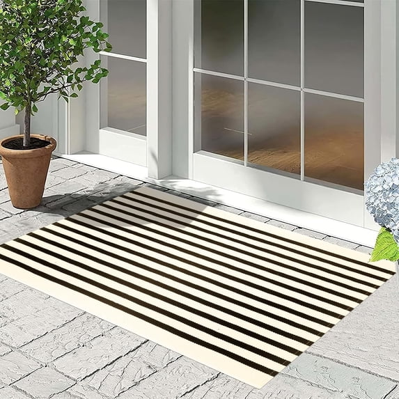 2 x 3 Ft Black and Beige Striped Rug, Cotton Low-Pile Woven Layering ...