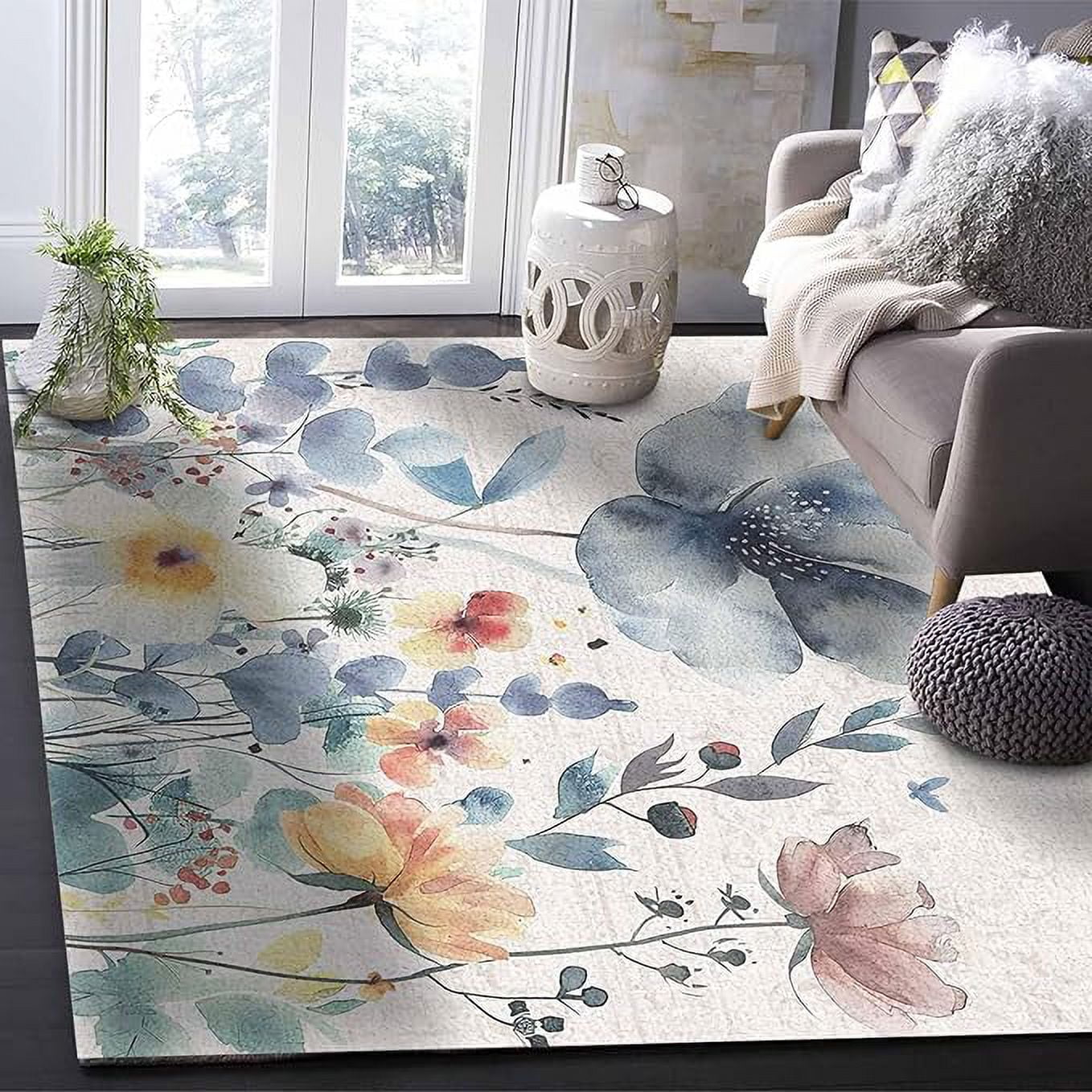 2 x 3ft Floral Blue Area Rug, Modern Outdoor Living Room Bedroom Area ...