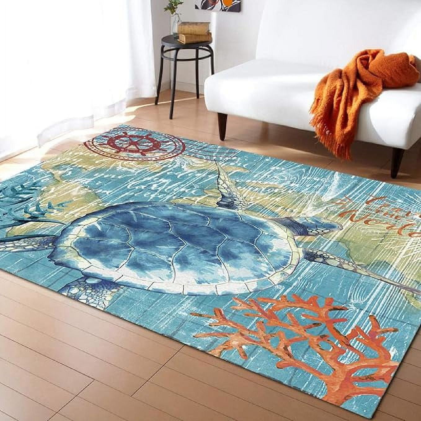 2 x 3ft Ocean Turtle Seagrass Coral Area Rug, Turquoise Sea Life ...