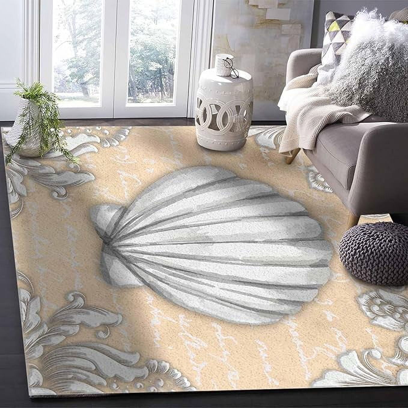 2 x 3ft Rectangular Area Rug For Living Room, Bedroom, Coastal Shell ...