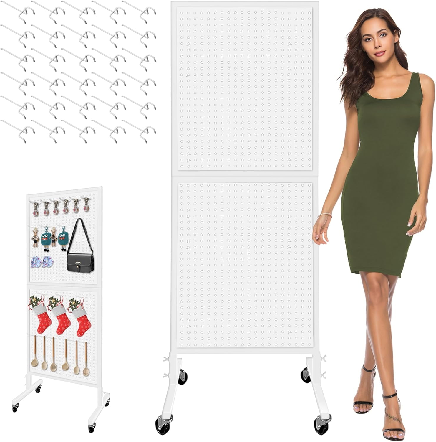 2 x 5.5 Feet Pegboard with 30 Hooks, Pegboard Display with Wheels, Standing Pegboard Display ...