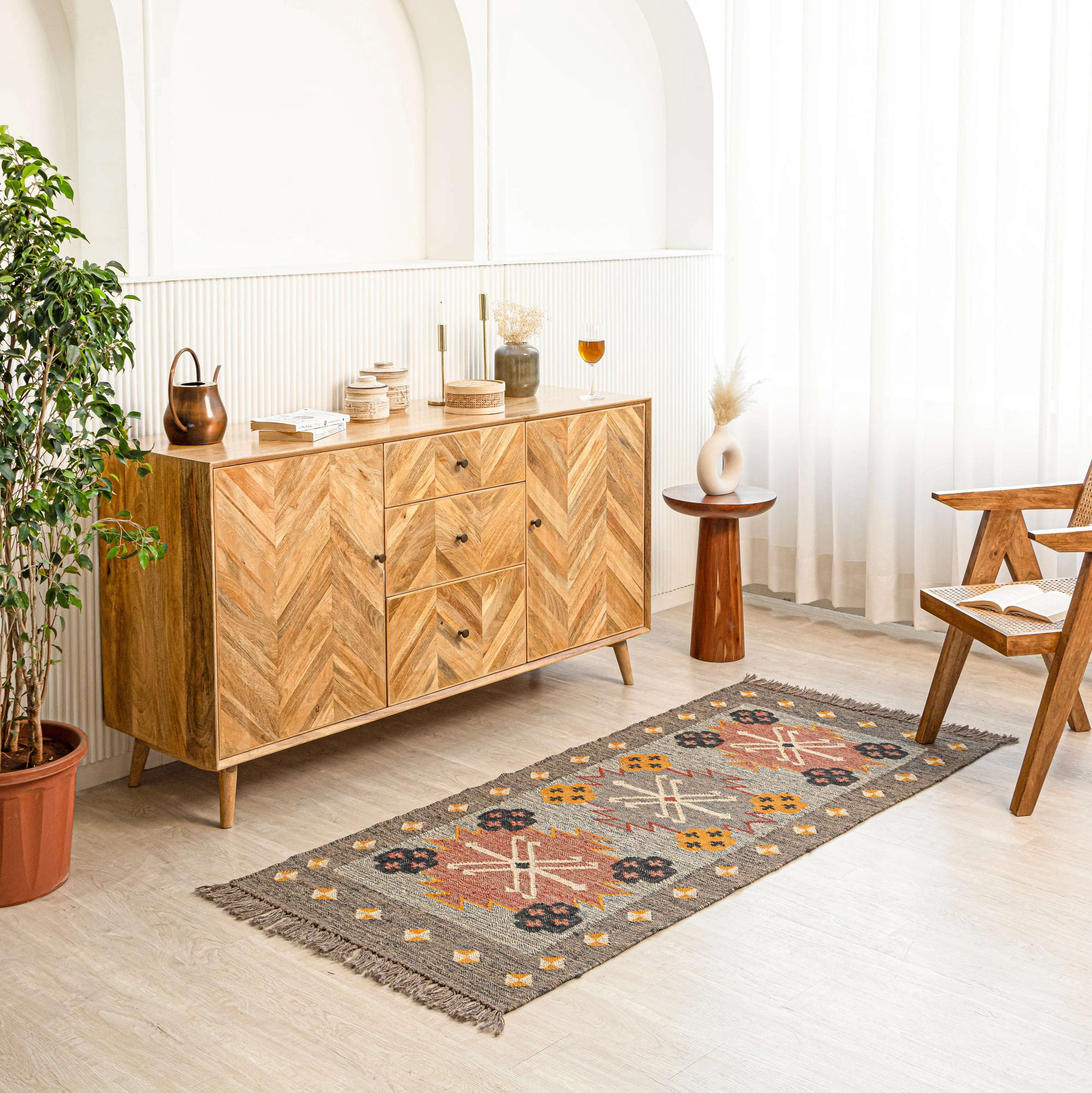 2' x 6' Wool Jute Kilim Runner Rug, Southwestern Geometric Flatweave ...