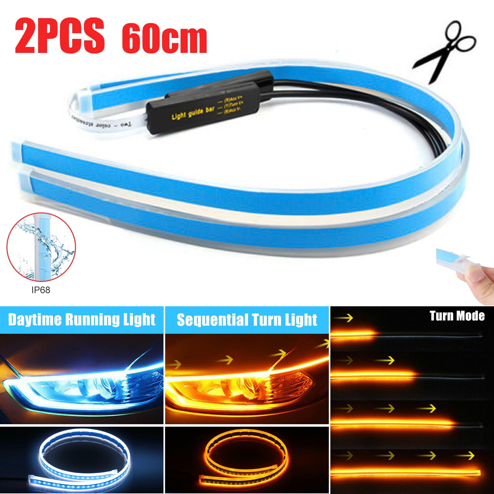 2 x 60CM Slim Amber Sequential Flexible LED DRL Turn Signal Strip for ...