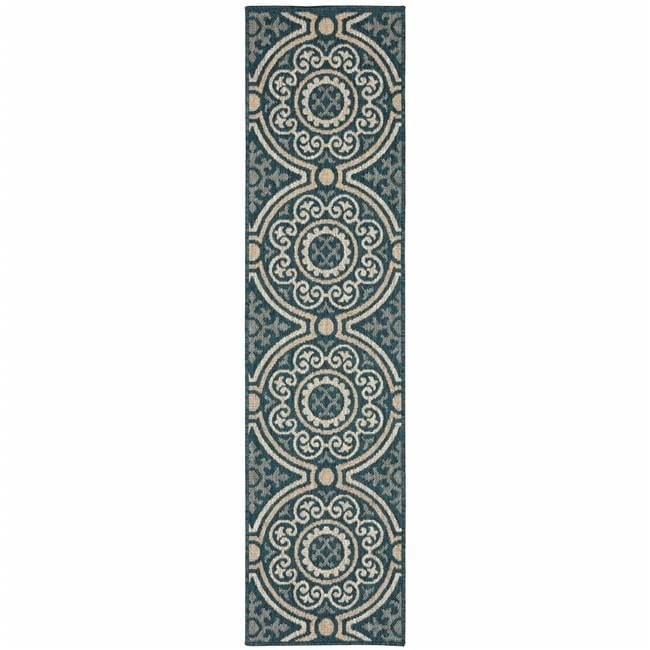 2 x 8 ft. Blue Geometric Stain Resistant Indoor & Outdoor Rectangle ...